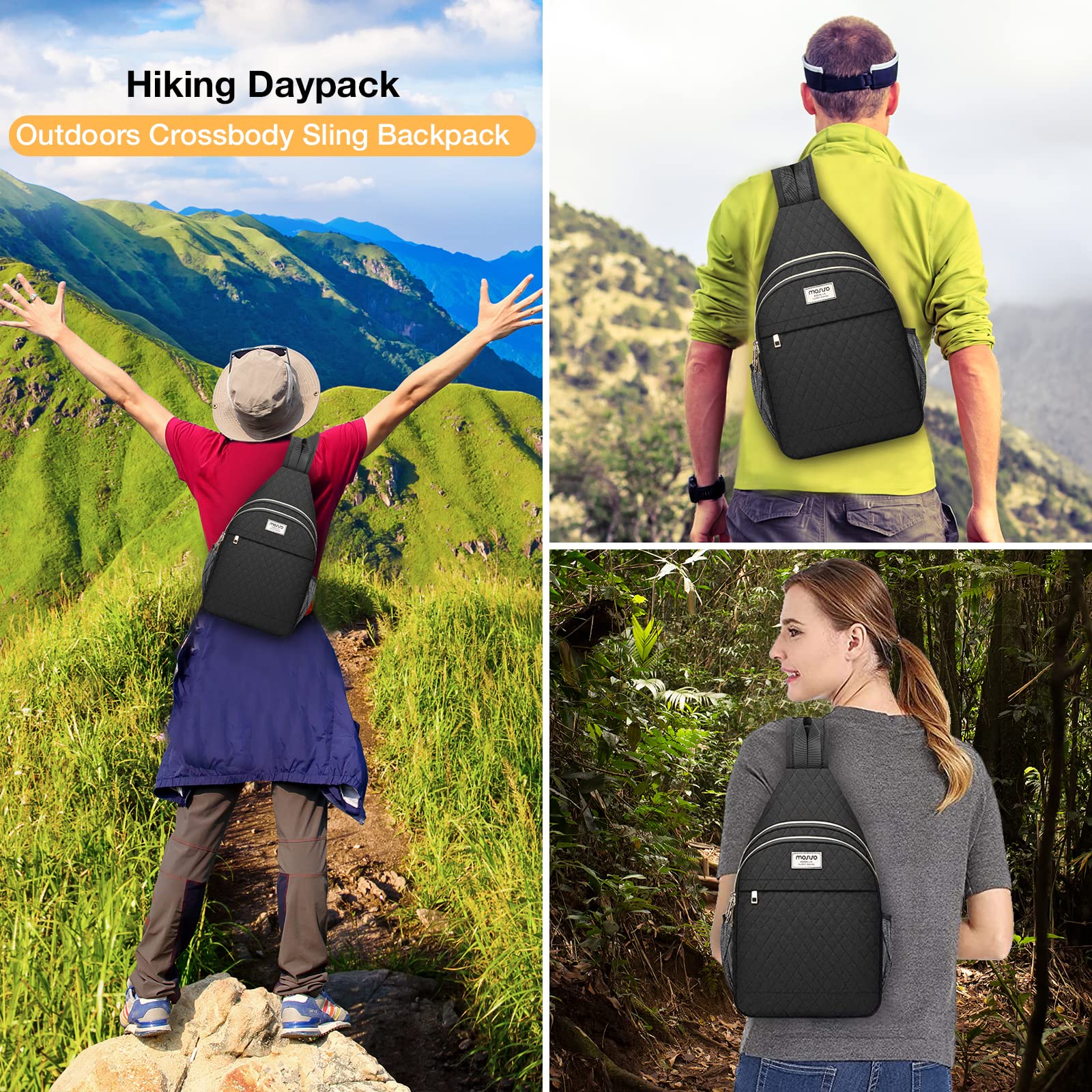 MOSISO Sling Backpack, Rhombus Quilted Crossbody Bag with Front Pockets Casual Chest Shoulder Travel Hiking Daypack Bag, Black