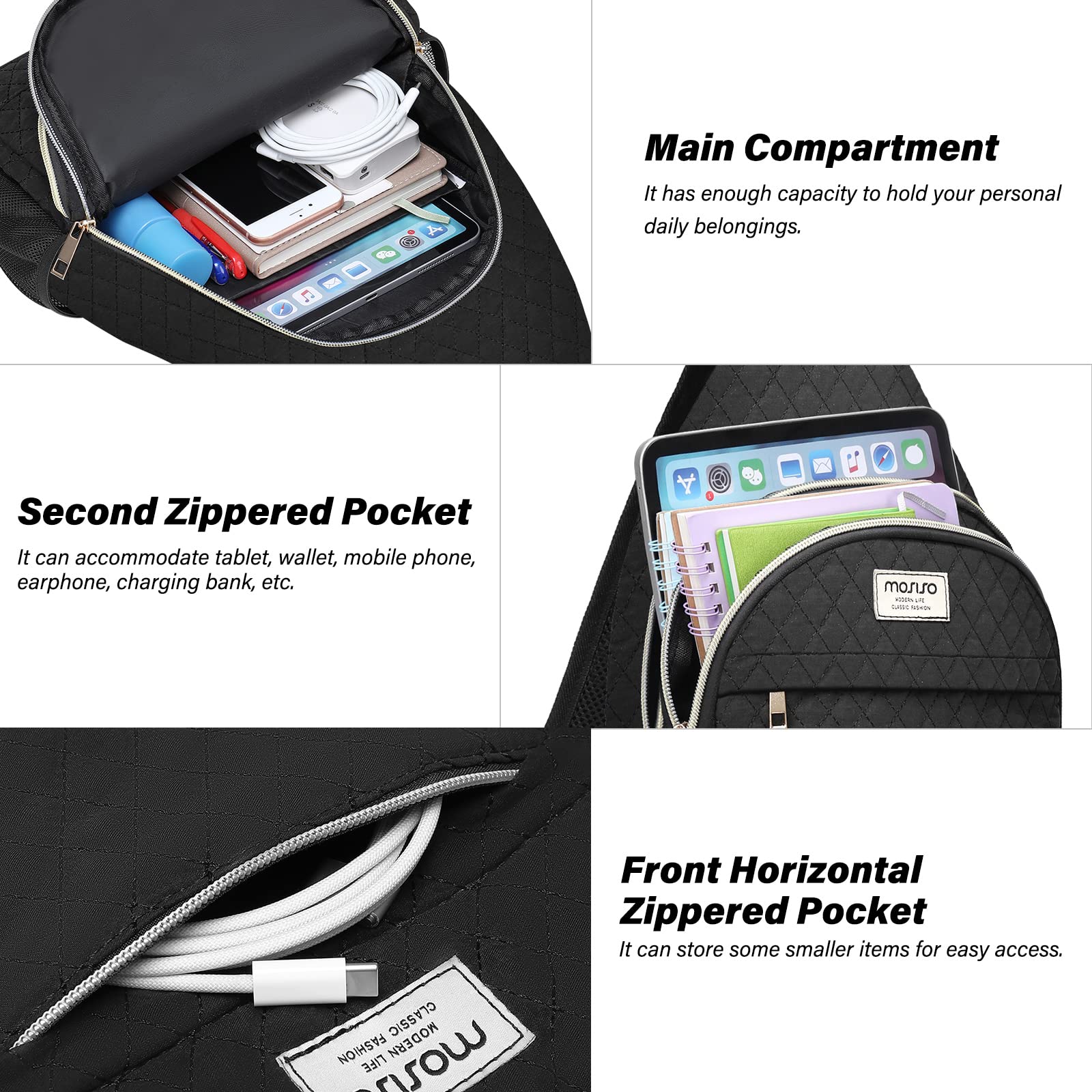 MOSISO Sling Backpack, Rhombus Quilted Crossbody Bag with Front Pockets Casual Chest Shoulder Travel Hiking Daypack Bag, Black