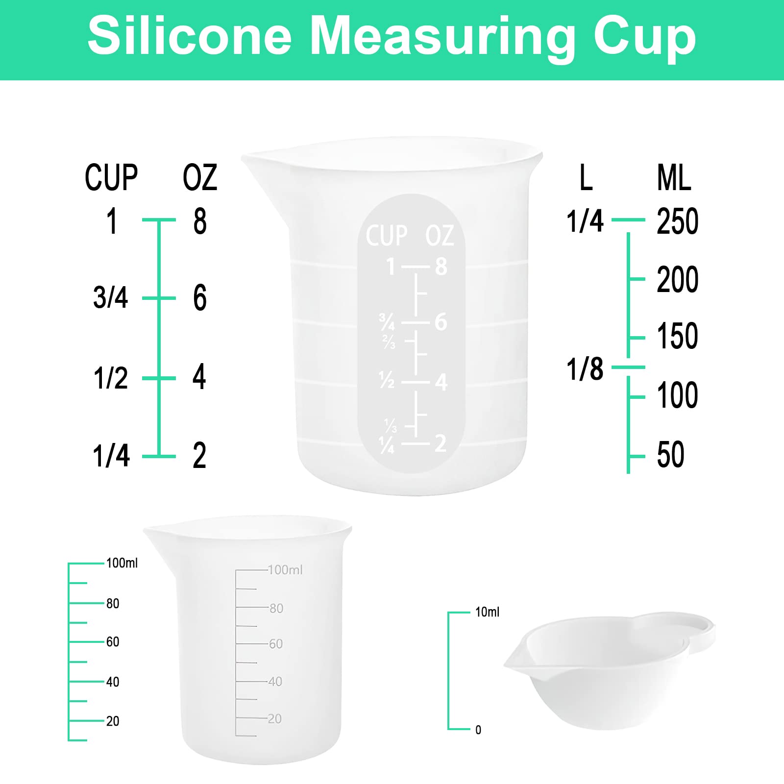 7 pcs Silicone Measuring Cups kits, 1 pc 250ml Silicone Cups, 4 pcs 100ml Non-Stick Mixing Cups , 2 pcs 10ml Silicone Mold Cup Dispenser, For Casting Moulds, Jewelry Making, Diy, Crafts