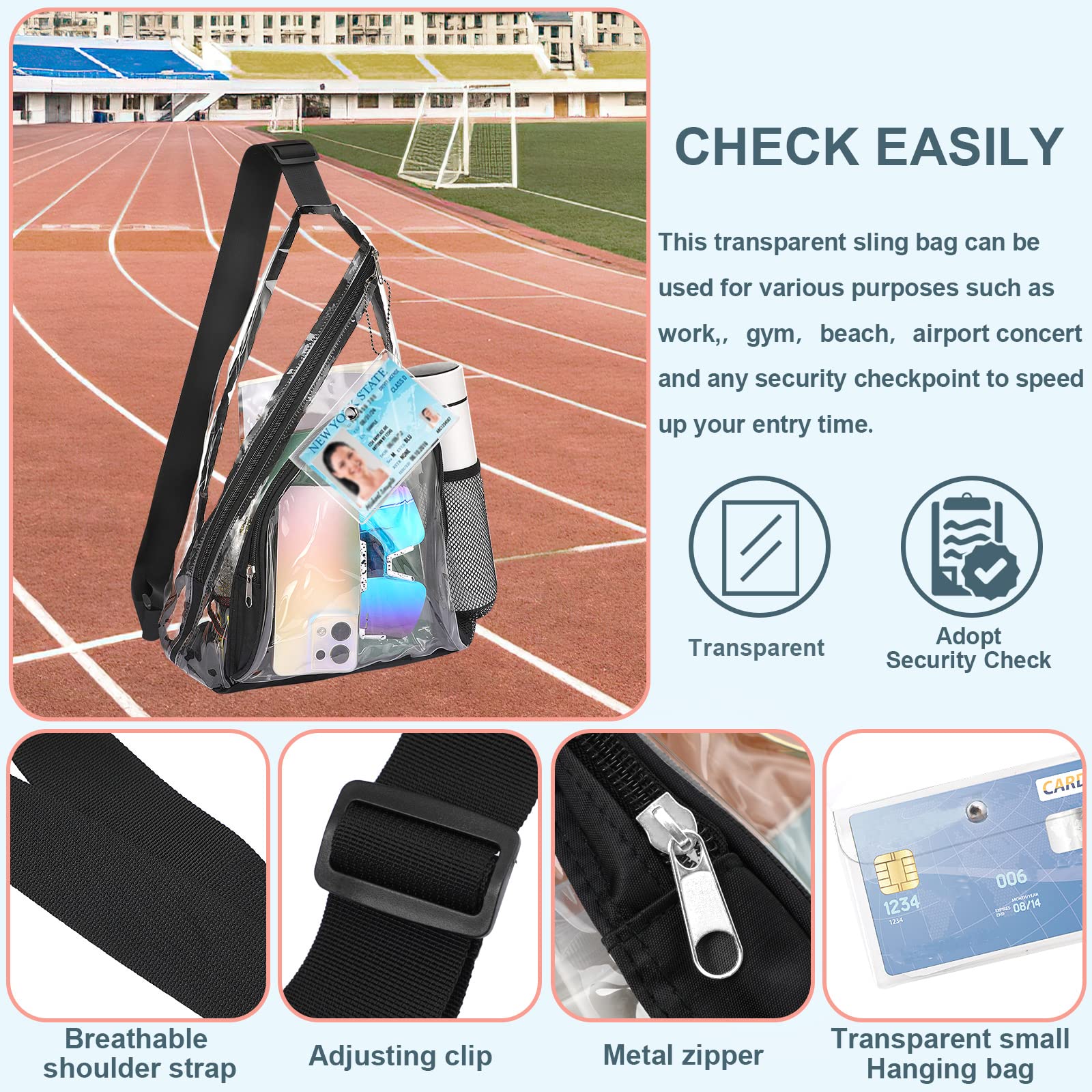 JULMELON Clear Sling Bag Stadium Approved Clear Crossbody Bag Stadium Approved with Adjustable Strap