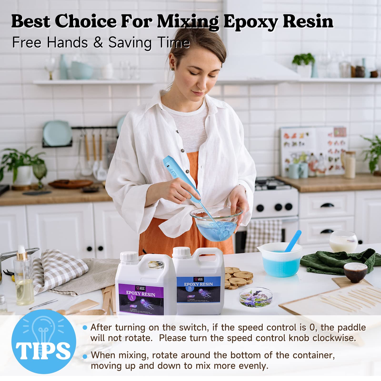 LET'S RESIN Upgraded Resin Mixer Electric, Double Mixing Effect & Speed Control Handheld Epoxy Mixer with Minimizing Bubbles, Rechargeable Resin Supplies for Resin,Liquid Silicone
