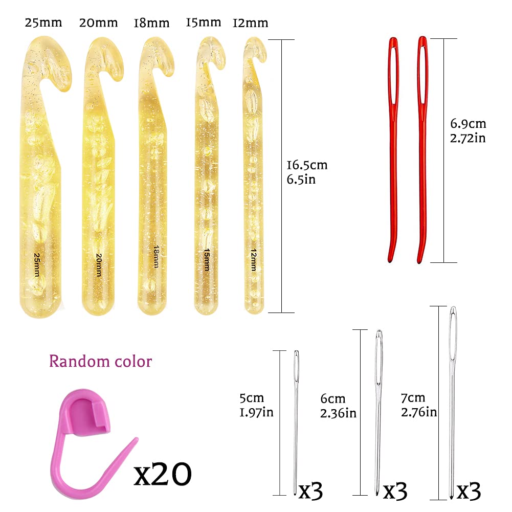 Huge Crochet Hook Set,9 Pieces Large Eye Blunt Needles,12mm-25mm Large Size Yarn Crochet Hooks Needles with 20 Stitch Markers and 2 Tapestry Needle