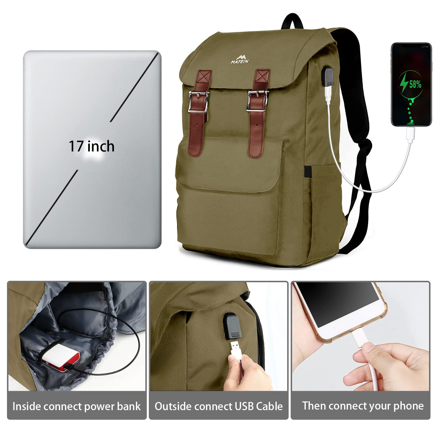 MATEIN Vintage Backpack Travel Laptop Backpack with usb Charging Port for Women & Men School College Students Backpack Fits 17.3 Inch Laptop Green