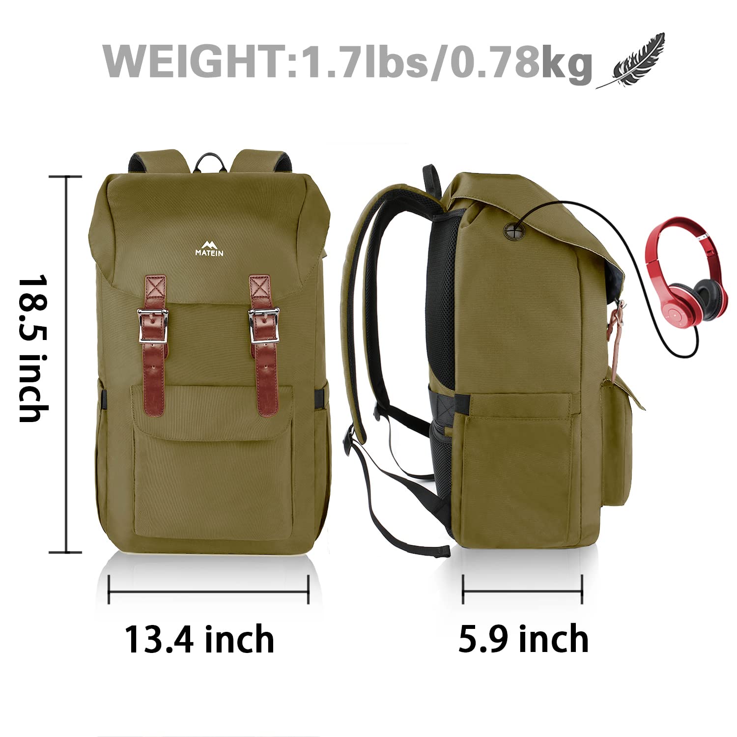 MATEIN Vintage Backpack Travel Laptop Backpack with usb Charging Port for Women & Men School College Students Backpack Fits 17.3 Inch Laptop Green