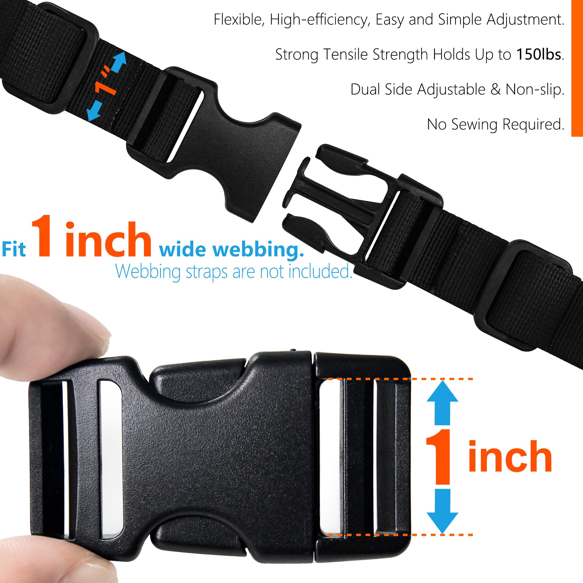Buckles for Straps 1": Side Release Buckle Plastic Clip 10 set + Tri-Glide Slide 20 pcs Fit 1 inch Wide Nylon Webbing Canvas Strap, Heavy Duty Replacement Backpack Dog Collar, Dual Adjustable No Sew