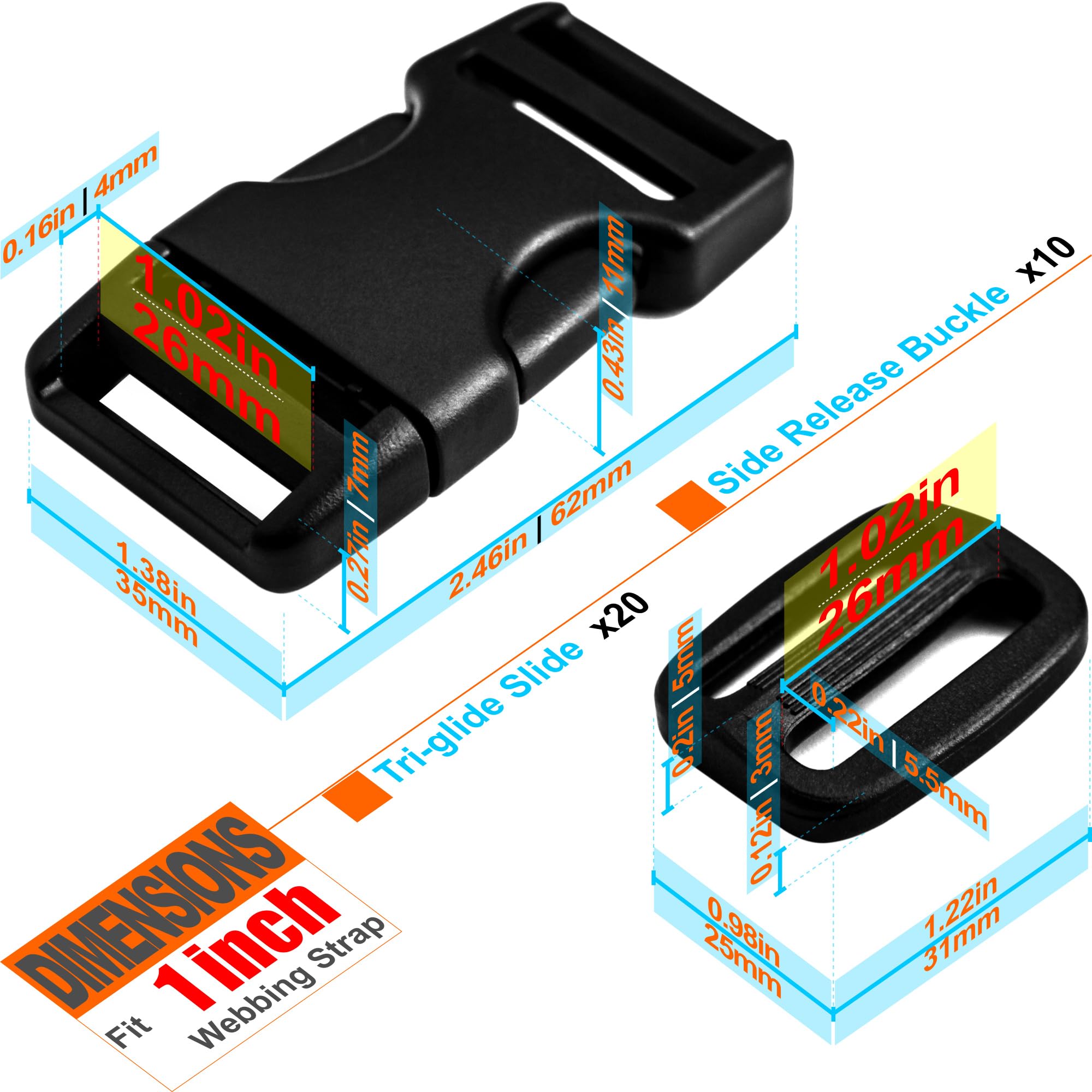 Buckles for Straps 1": Side Release Buckle Plastic Clip 10 set + Tri-Glide Slide 20 pcs Fit 1 inch Wide Nylon Webbing Canvas Strap, Heavy Duty Replacement Backpack Dog Collar, Dual Adjustable No Sew