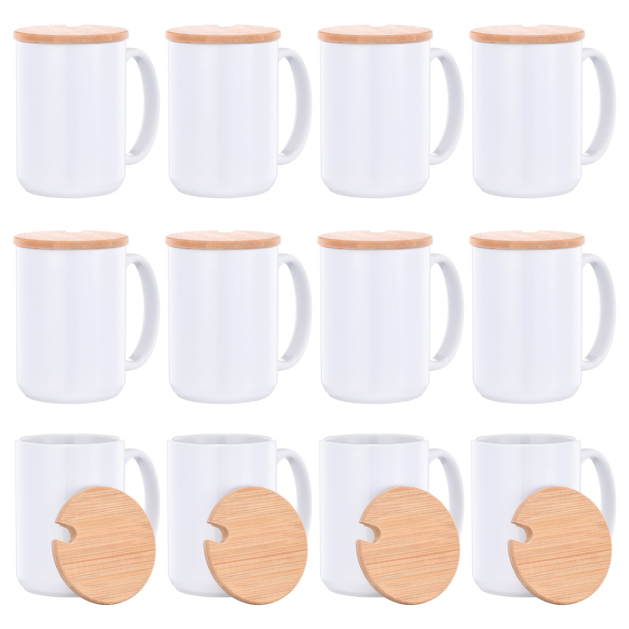 RAINBOWTIE Sublimation Mugs 15 oz Sublimation Mugs Blank with Bamboo Lid White Coffee Mugs Sublimation Coffee Mugs Coffee Cup with Lid Set of 12