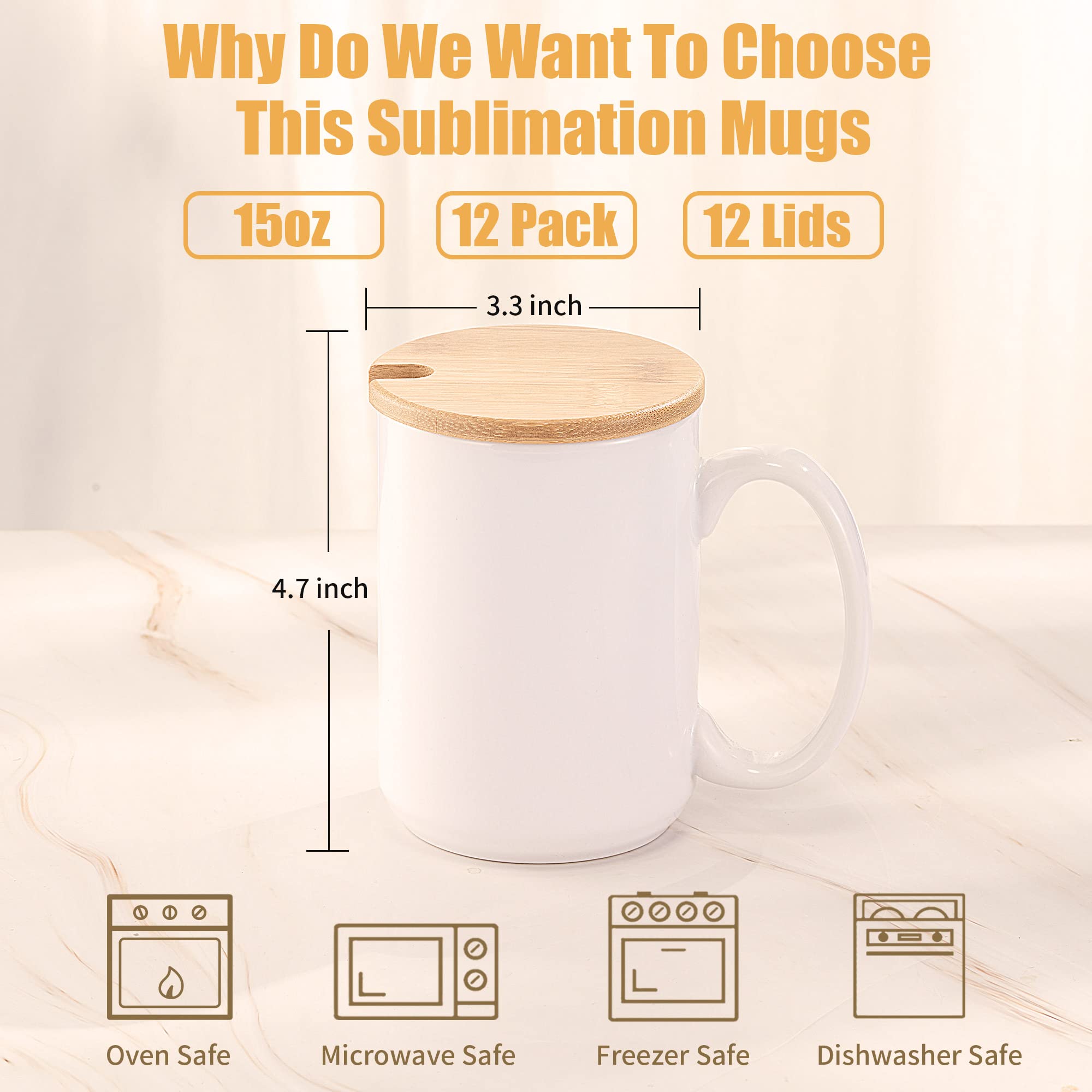 RAINBOWTIE Sublimation Mugs 15 oz Sublimation Mugs Blank with Bamboo Lid White Coffee Mugs Sublimation Coffee Mugs Coffee Cup with Lid Set of 12