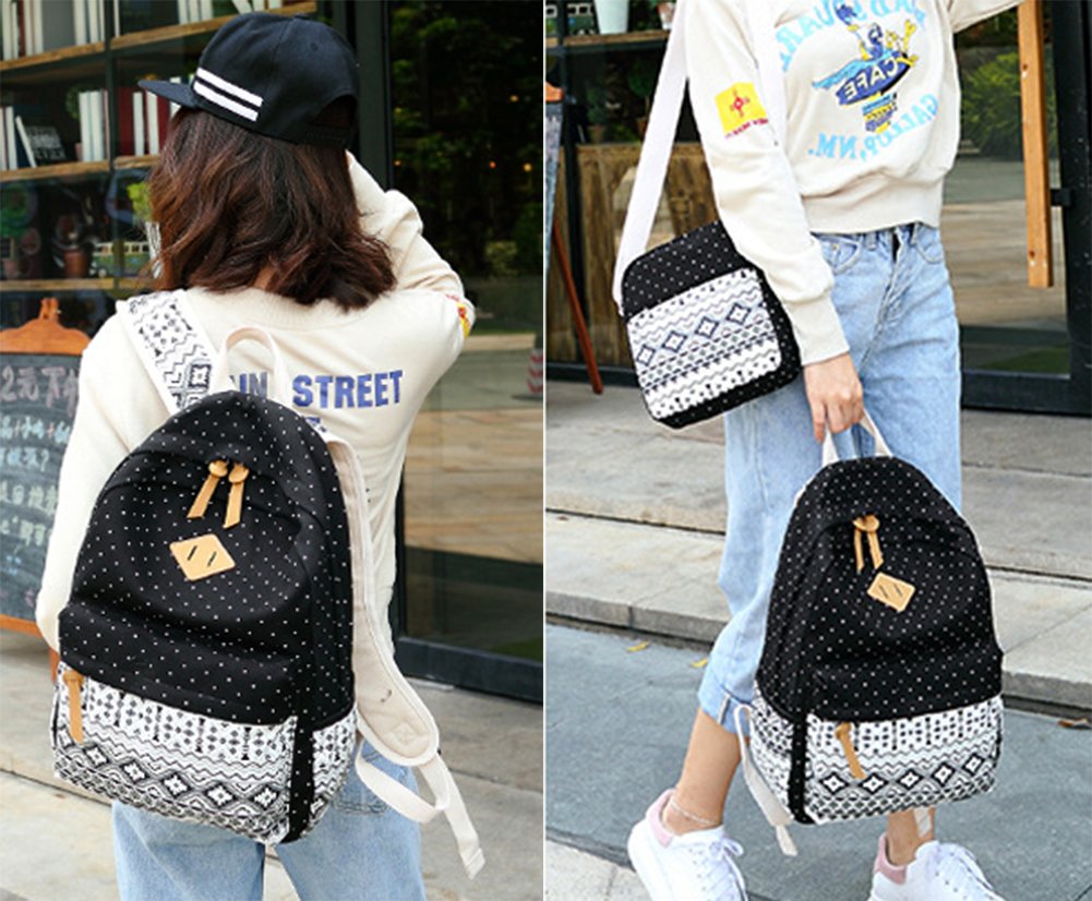 goldwheat Canvas Print Backpack Cute Teen Backpacks for Girls School Bag with Lunch Bag