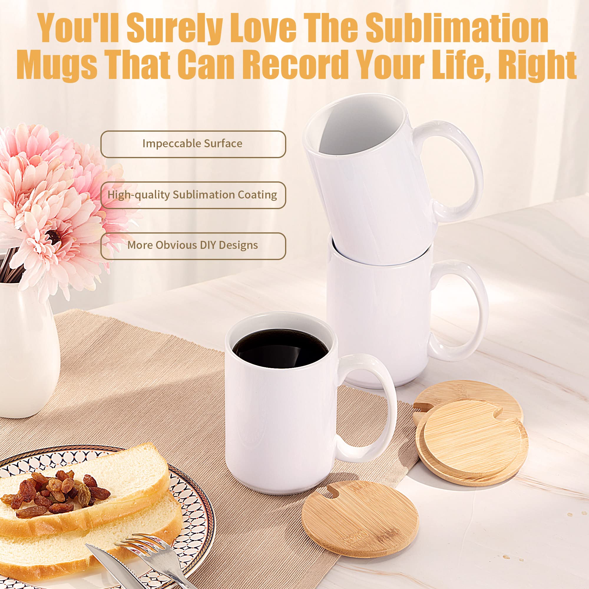 RAINBOWTIE Sublimation Mugs 15 oz Sublimation Mugs Blank with Bamboo Lid White Coffee Mugs Sublimation Coffee Mugs Coffee Cup with Lid Set of 12
