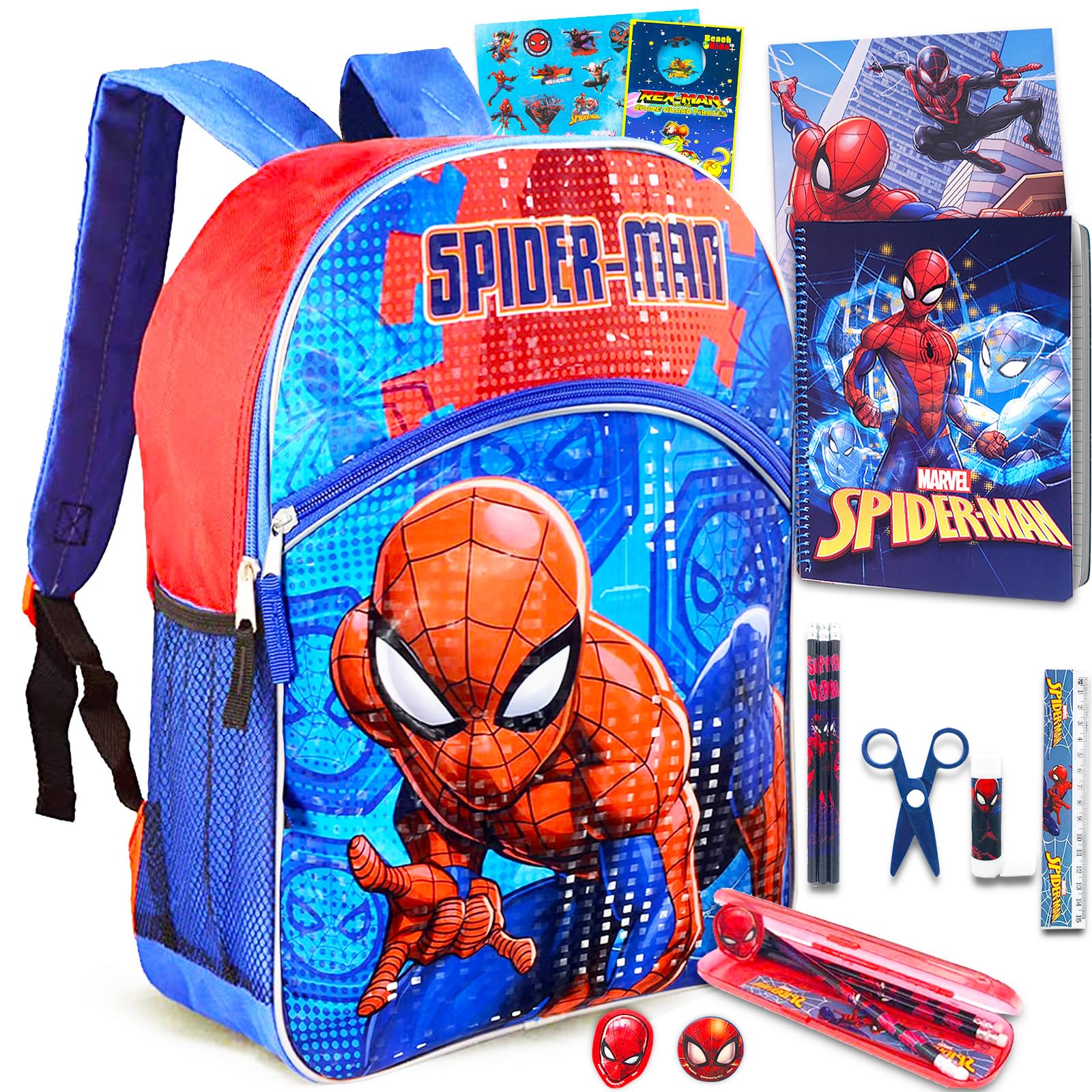 Marvel Shop Spiderman Backpack School Supplies Set ~ 14 Pc Bundle With 16 inch Spiderman School Bag For Boys, Girls, and Kids, Notebook, Pencil, and More (Spiderman Back to School)
