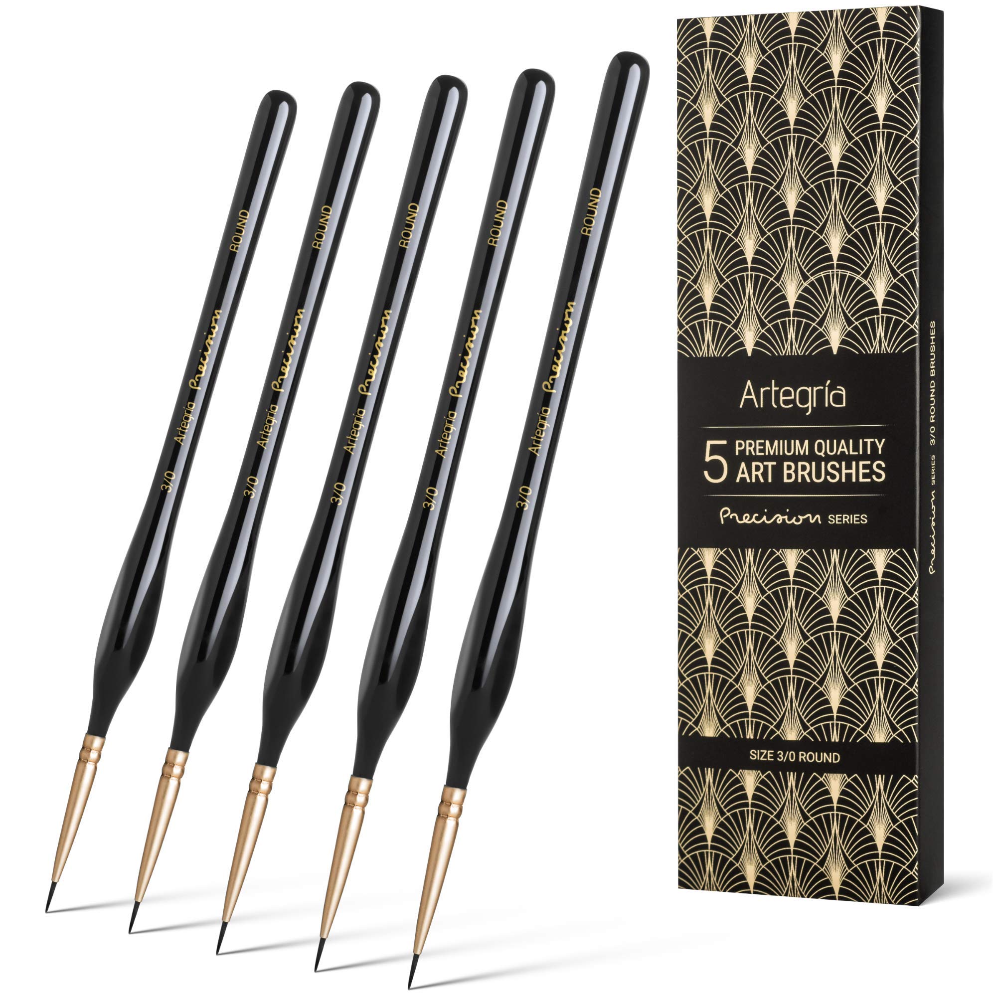 ARTEGRIA Detail Paint Brush Set - 5 Miniature Paint Brushes Size Round 3/0 000 - Fine Tips Ergonomic Handles for Small Scale Models Warhammer 40k Paint by Numbers for Adults - Acrylic Watercolor Oil