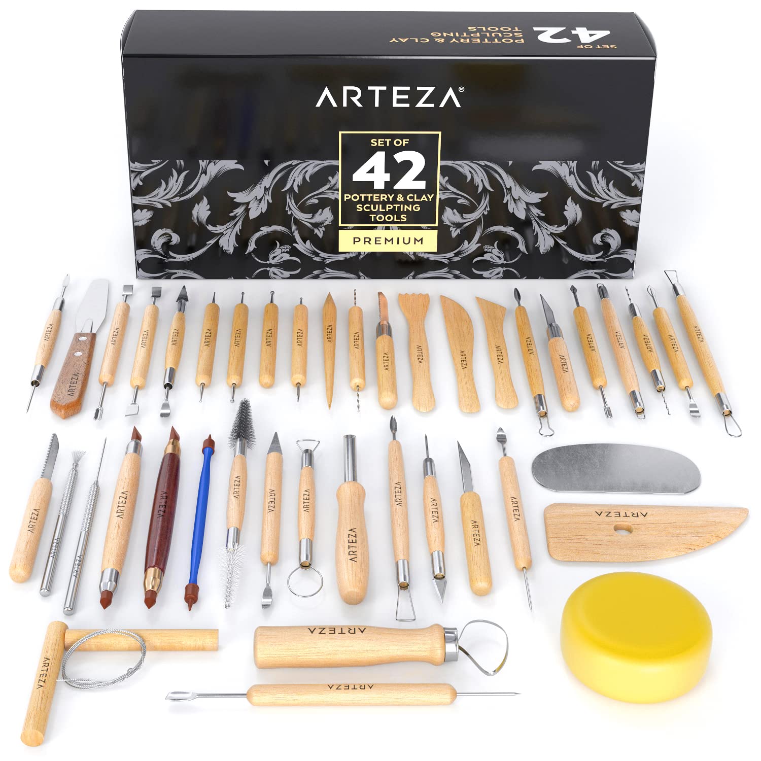 ARTEZA Pottery & Polymer Clay Tools, 42-Piece Sculpting Set, Steel Tip Tools with Wooden Handles, for Pottery Modeling, Smoothing, Carving & Ceramics