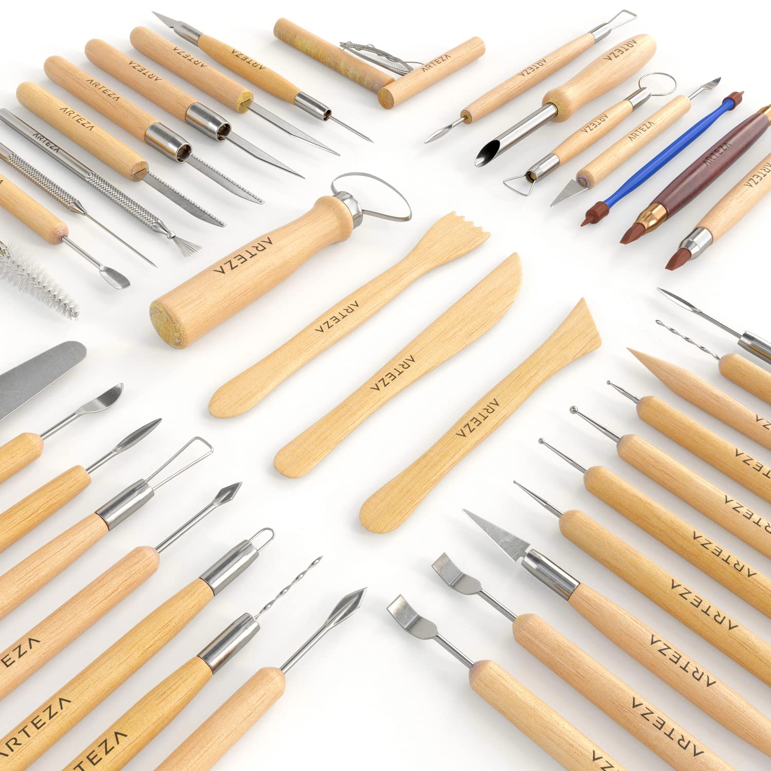 ARTEZA Pottery & Polymer Clay Tools, 42-Piece Sculpting Set, Steel Tip Tools with Wooden Handles, for Pottery Modeling, Smoothing, Carving & Ceramics