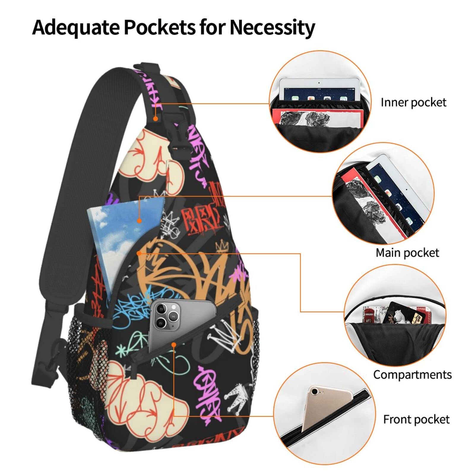 ZREXUO Graffiti Art Sling Backpack,Casual Crossbody Backpack Sling Bag Chest Daypack for Men Women Sport