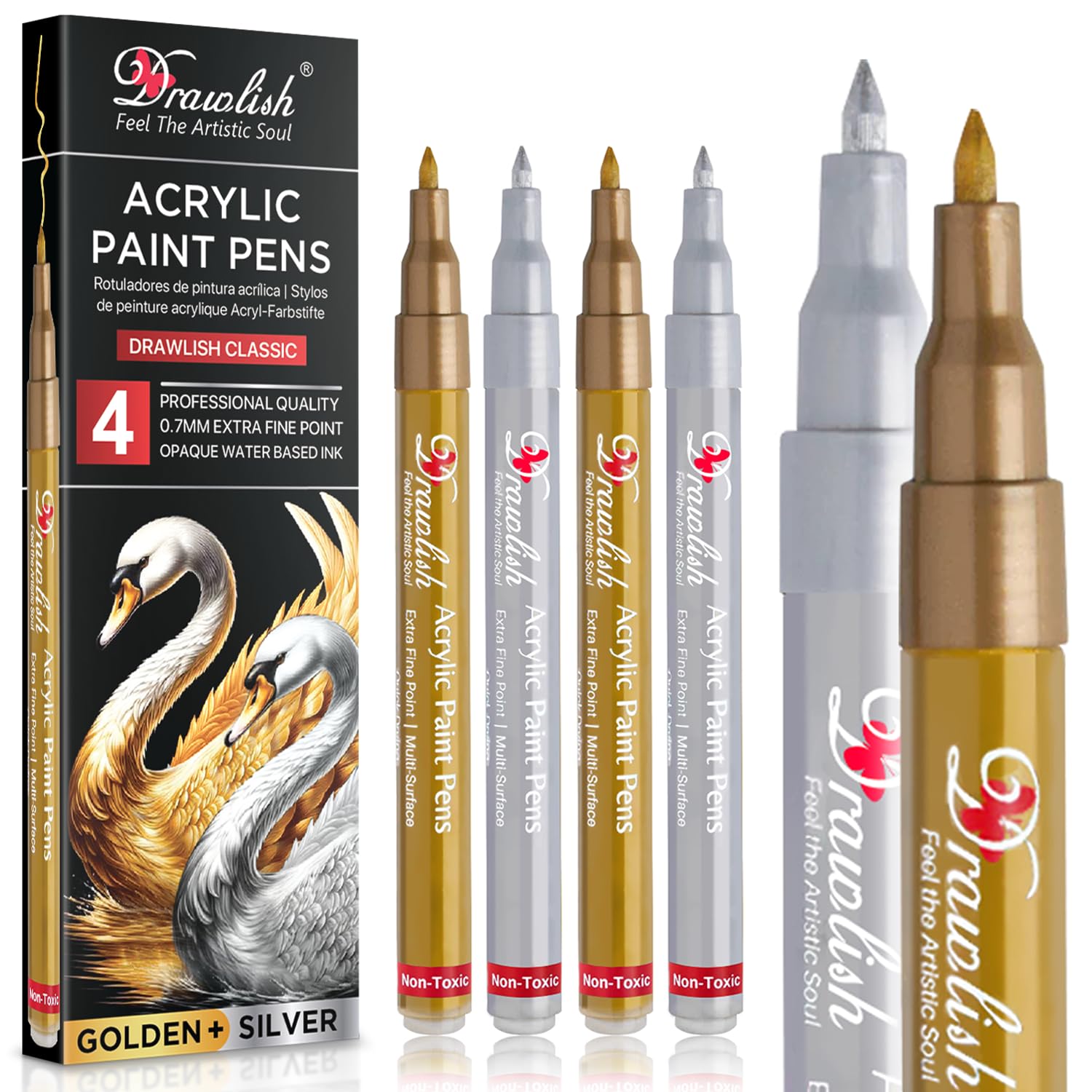 Acrylic Paint Pens - Permanent Markers 2 Gold Pens & 2 Silver Paint Marker Pens Set of 4 Acrylic Pens 0.7mm Extra Fine Tip - Ideal for Rock Painting, Fabric, Glass, Wood, Canvas, Ceramic, Porcelain
