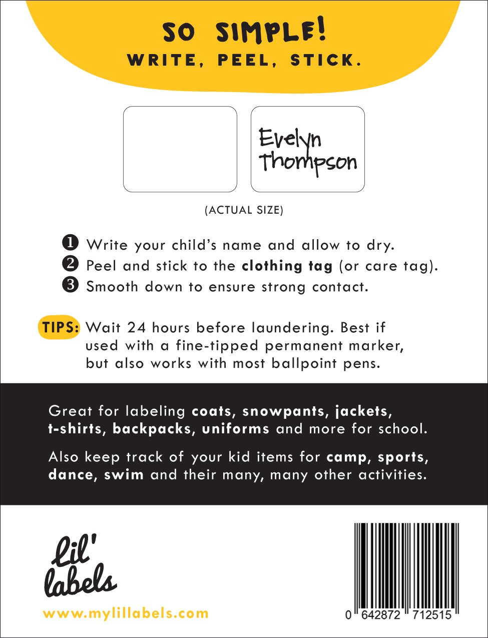 Clothing Labels, Name Labels for Masks, Washer and Dryer Safe, No Iron, Kids Labels for Daycare, Nursing Home Labels, Washable, Write-On, Made in The USA
