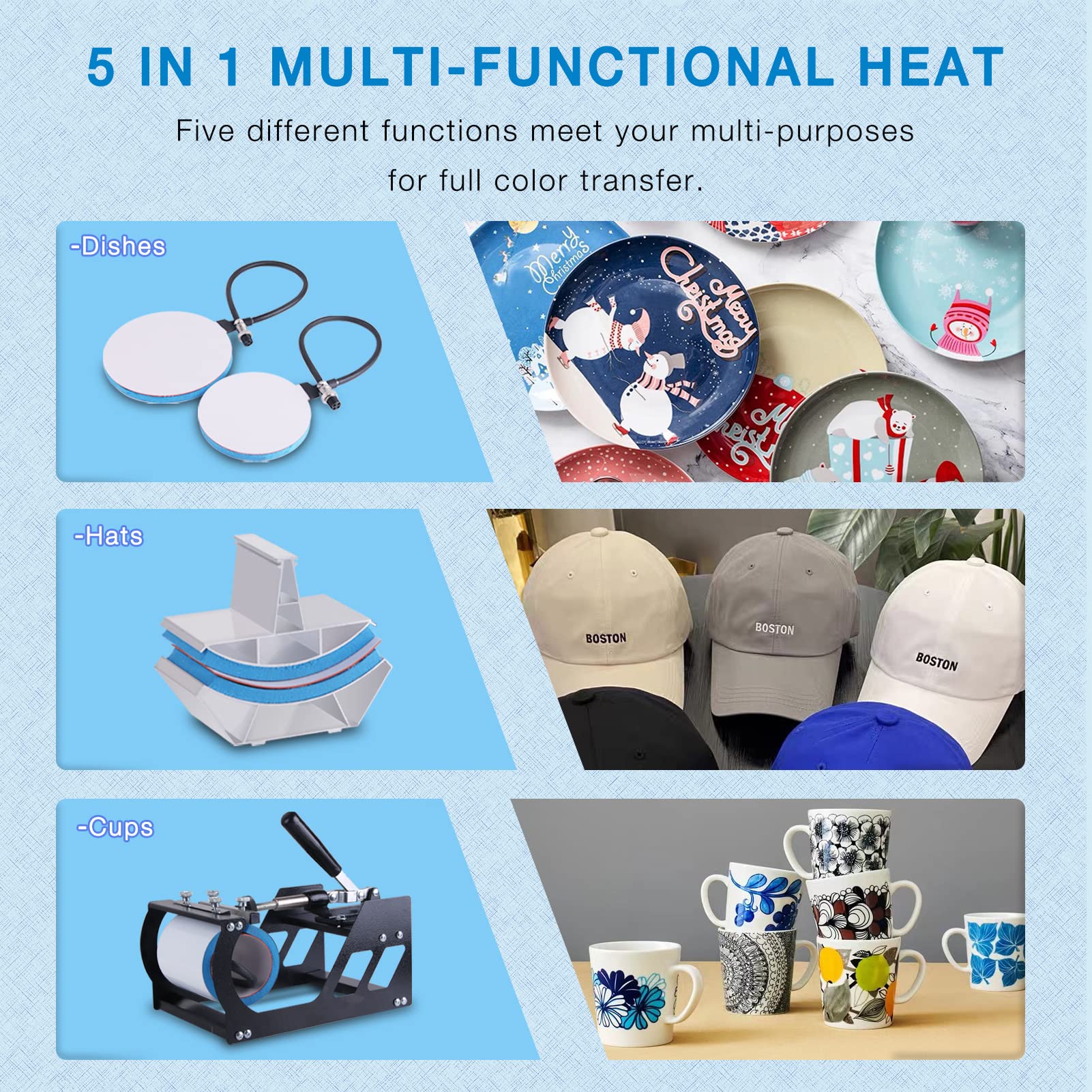HORGELU Upgraded 5 in 1 Heat Press Machine 15 x 15 Inch Heat Transfer Machine 360-Degree Swing Away Combo Heat Press for T Shirt Mug Hat Plate Cap
