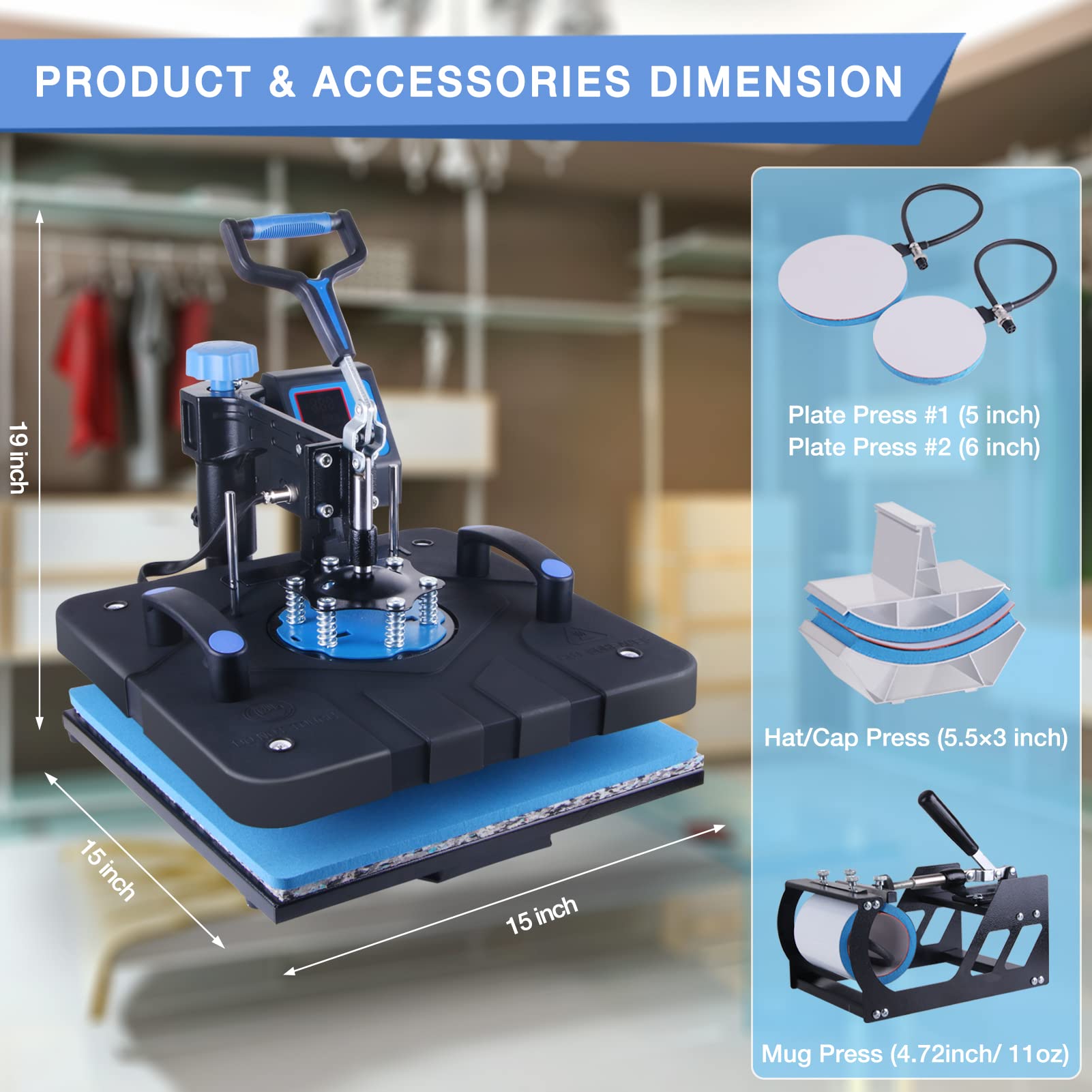 HORGELU Upgraded 5 in 1 Heat Press Machine 15 x 15 Inch Heat Transfer Machine 360-Degree Swing Away Combo Heat Press for T Shirt Mug Hat Plate Cap