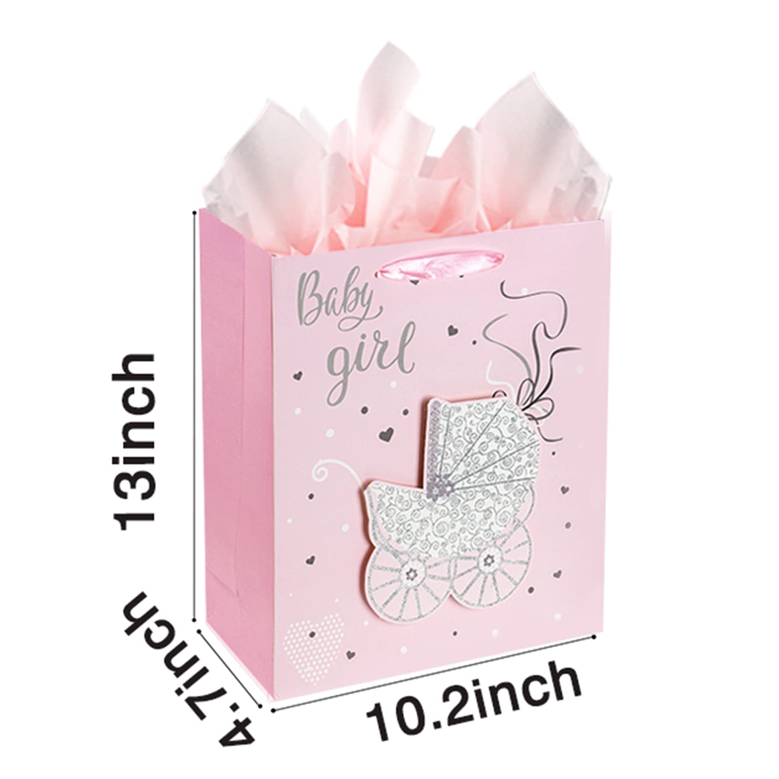 12.6" Large Baby Shower Birthday Gift Bags for Girl with Tissue Papers 2-Pack (Pink)