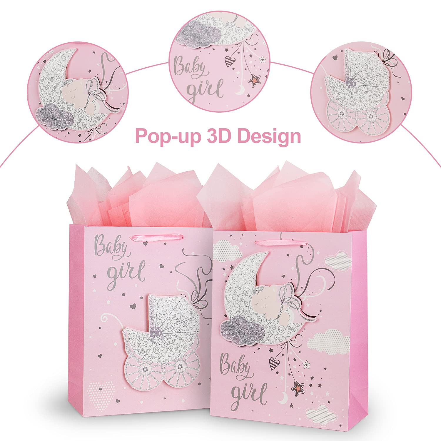 12.6" Large Baby Shower Birthday Gift Bags for Girl with Tissue Papers 2-Pack (Pink)