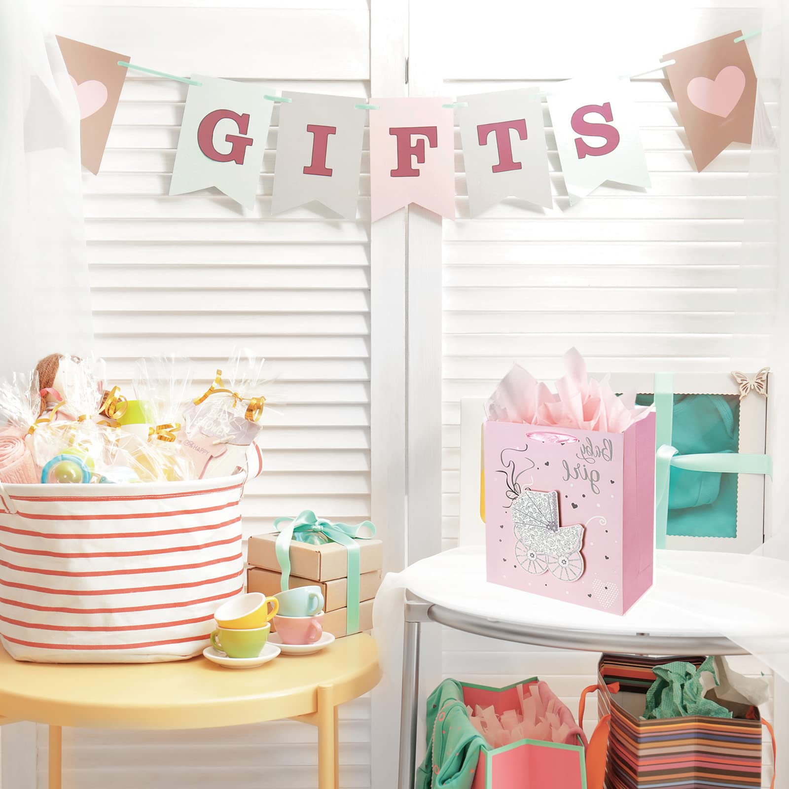 12.6" Large Baby Shower Birthday Gift Bags for Girl with Tissue Papers 2-Pack (Pink)