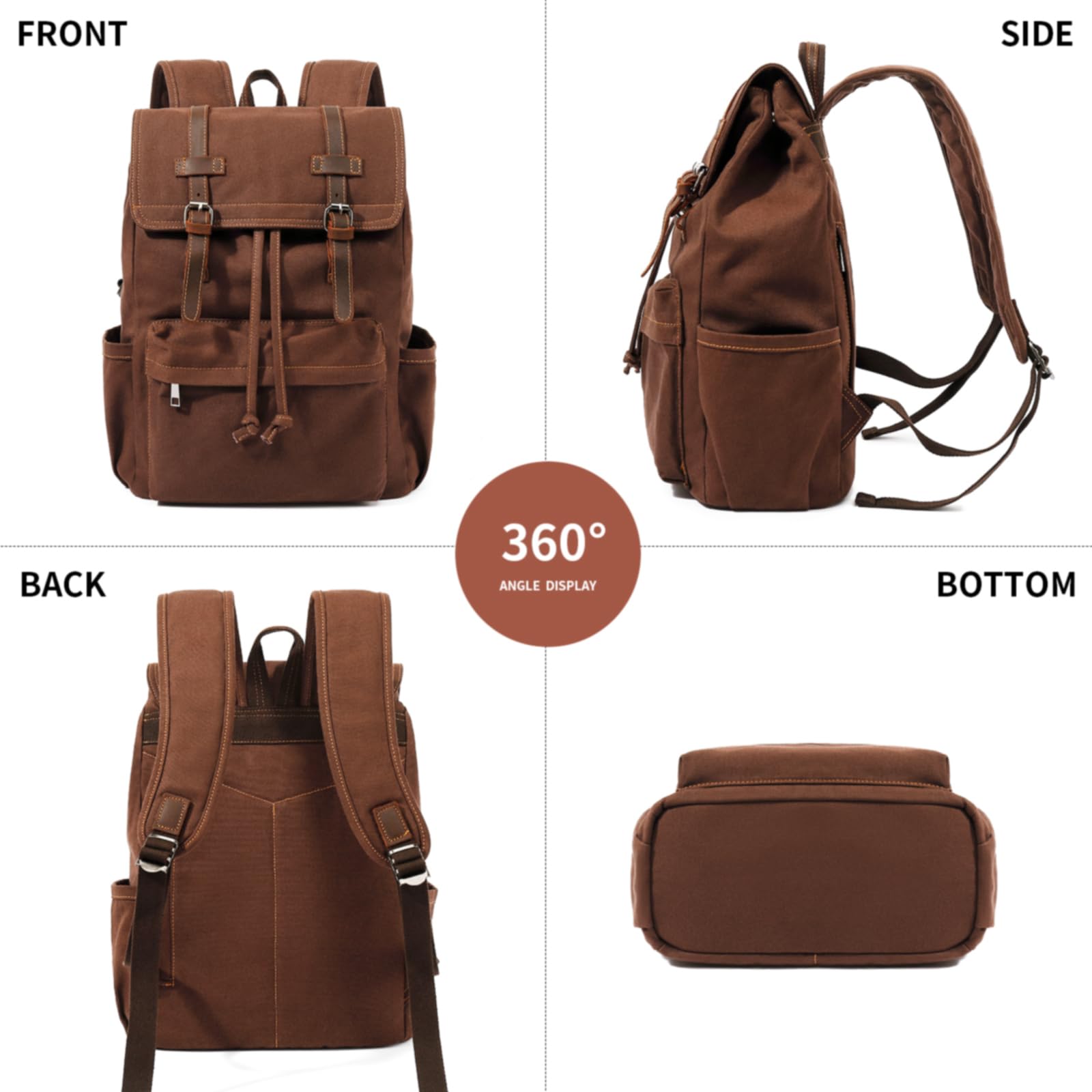 HuaChen Vintage Canvas Backpack, Mens Travel Rucksack for Laptop Hiking School Bookbag (M83_Coffee)