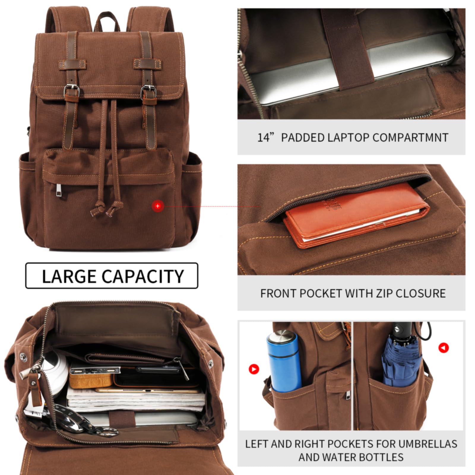 HuaChen Vintage Canvas Backpack, Mens Travel Rucksack for Laptop Hiking School Bookbag (M83_Coffee)