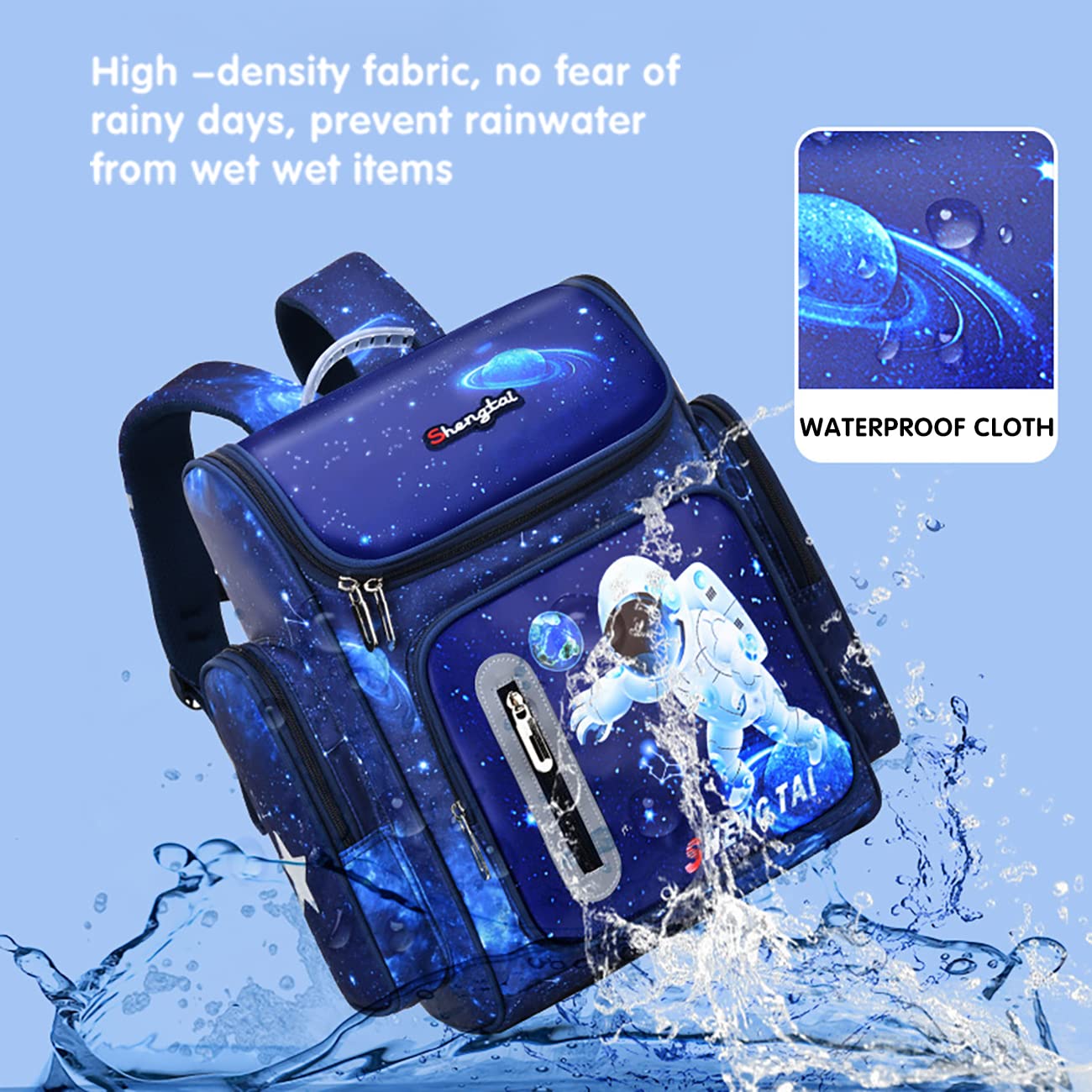 Astronaut School Backpack for Boys Large Capacity Waterproof Light Weight Schoolbag Bookbag for Kids Primary School Student (Blue)