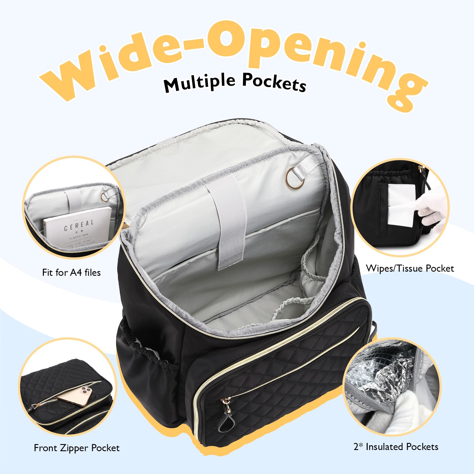 LORADI Large Capacity Diaper Bag Backpack with Storller Clips, Water-Resistant Travel Backpack with Anti-Theft Pocket, Black