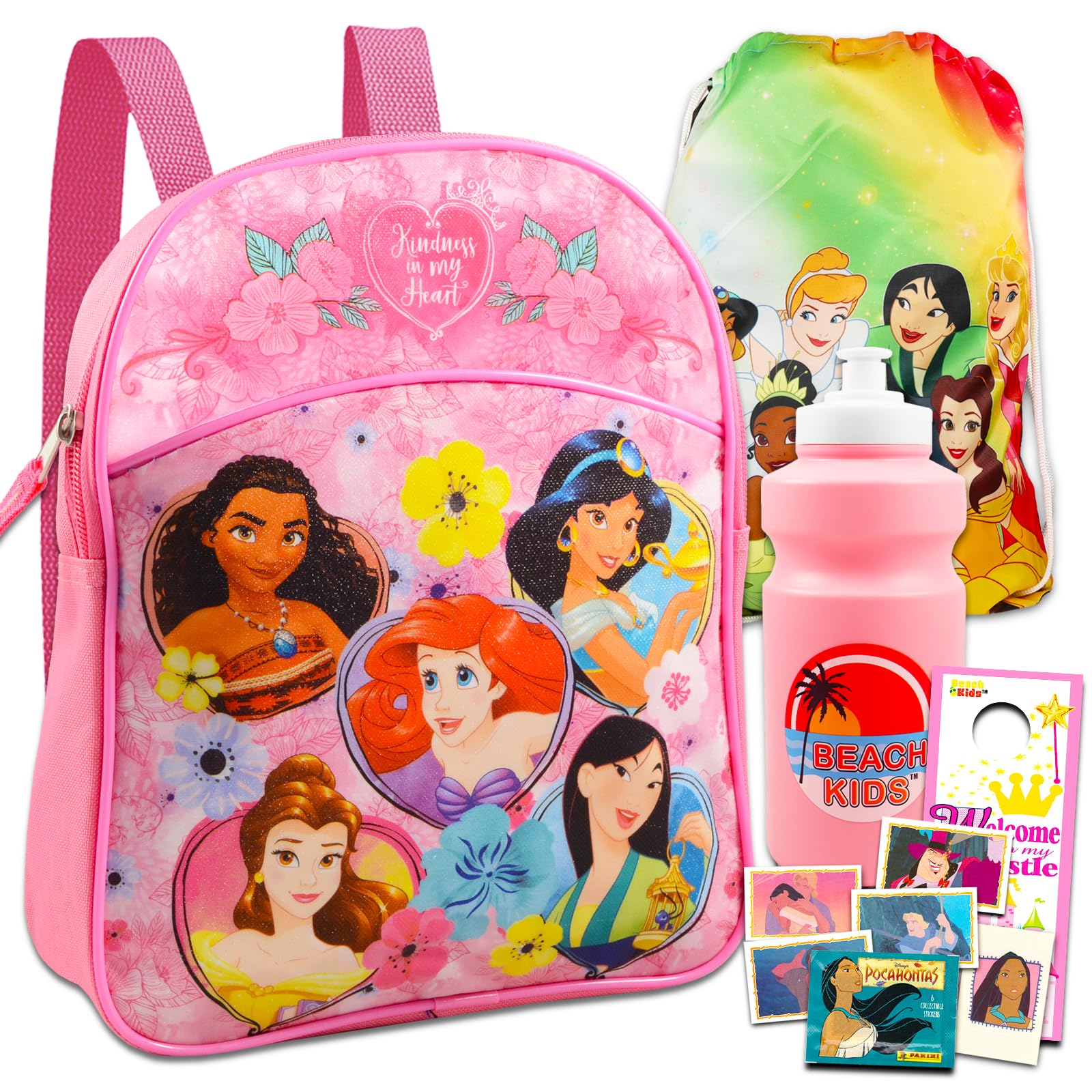 Disney Princess Mini Backpack and Drawstring Bag for Girls - Bundle with 11” Disney Princess Mini Backpack, Drawstring Bag, Water Bottle, Stickers, More | Princess Backpack for Girls