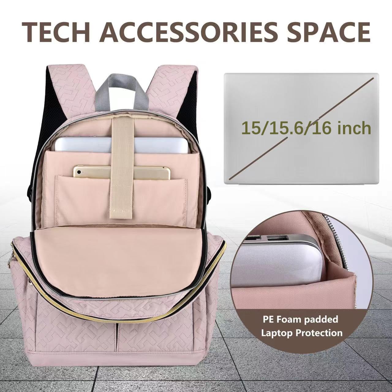 Laptop Backpack for Women Travel Backpack HXLGMD 17 Inch Computer Bags College School Bookbags with USB Charging Hole,Large Capacity Computer Backpacks for Work Business, Pink