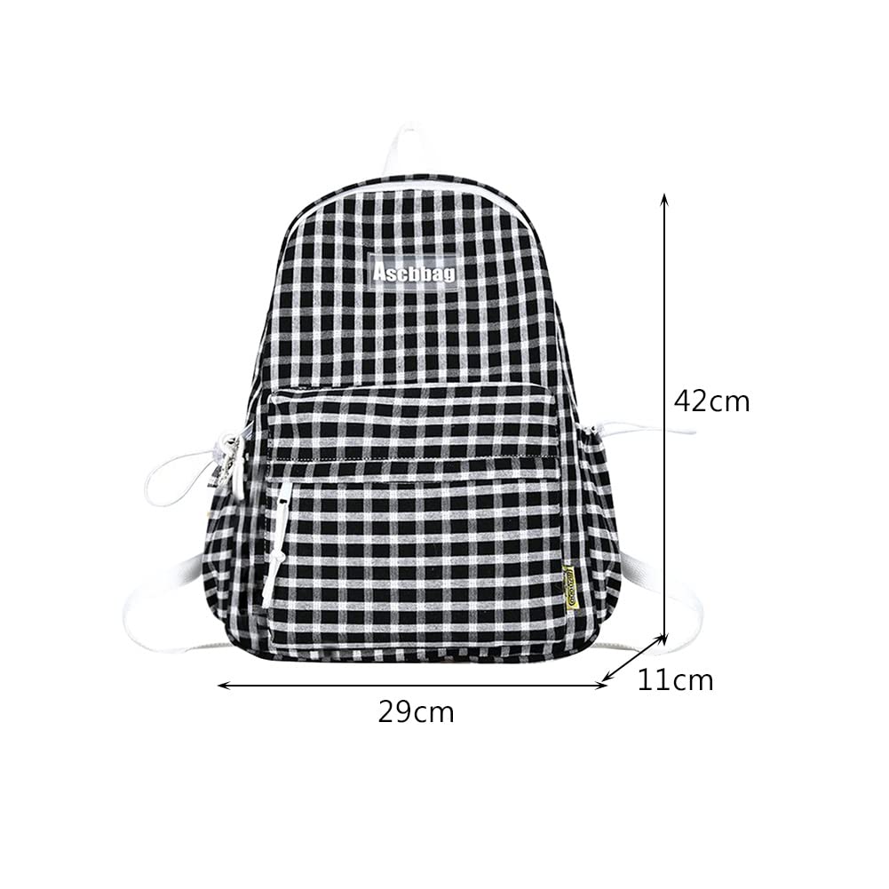 Aesthetic Backpacks for Teen Girls, Sage Green Preppy Plaid School Bag, Large Capacity Casual Daypack Back to School Backpack (Black)