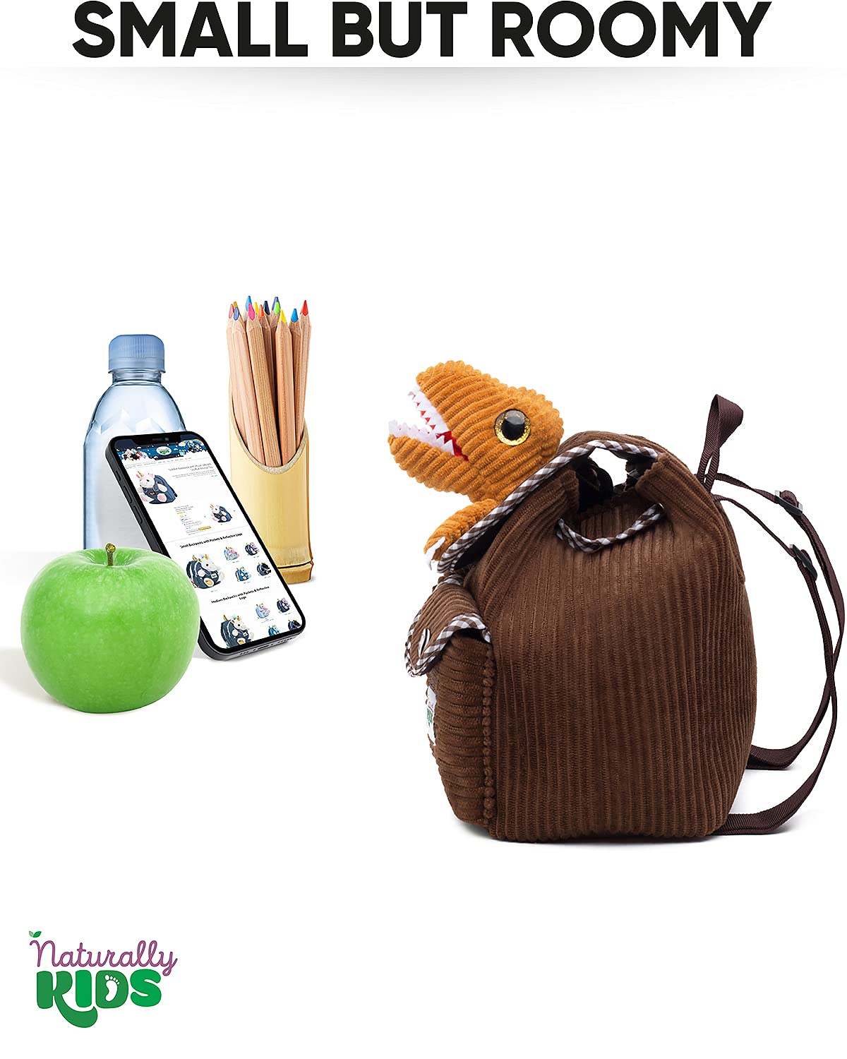 Naturally KIDS Mini Dinosaur Backpack - Very Small Toddler Backpack for Girls Boys - Dinosaur Toys for Kids 3-5 - Little Brown Backpack - Tiny T Rex