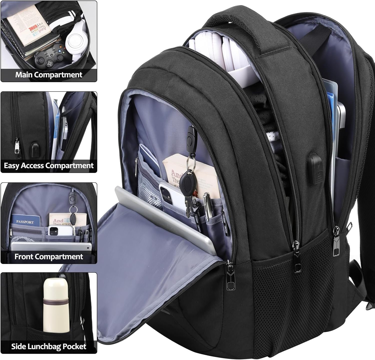 Travel Laptop Backpack for Men, Large School Backpacks for Teens Water Resistant Back Pack with USB Charging Port, Business Anti Theft Durable Computer Bag Gifts for Men Fits 17.3 Inch Laptop, Black