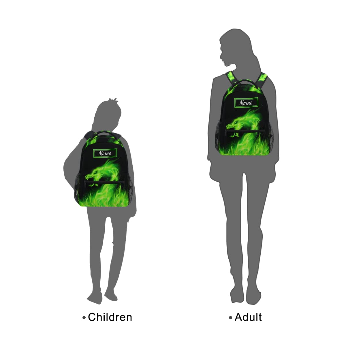 Custom Green Fire Dragon School Backpack Personalized Your Name Text Bookbag for Boys Girls Teens Casual Travel Bag Computer Laptop Daypack