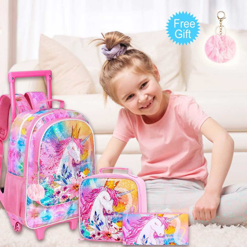 4PCS Rolling Backpack for Girls,Kids Unicorn Bookbag with Roller Wheels, Suitcase School Bag Set for Toddler Elementary