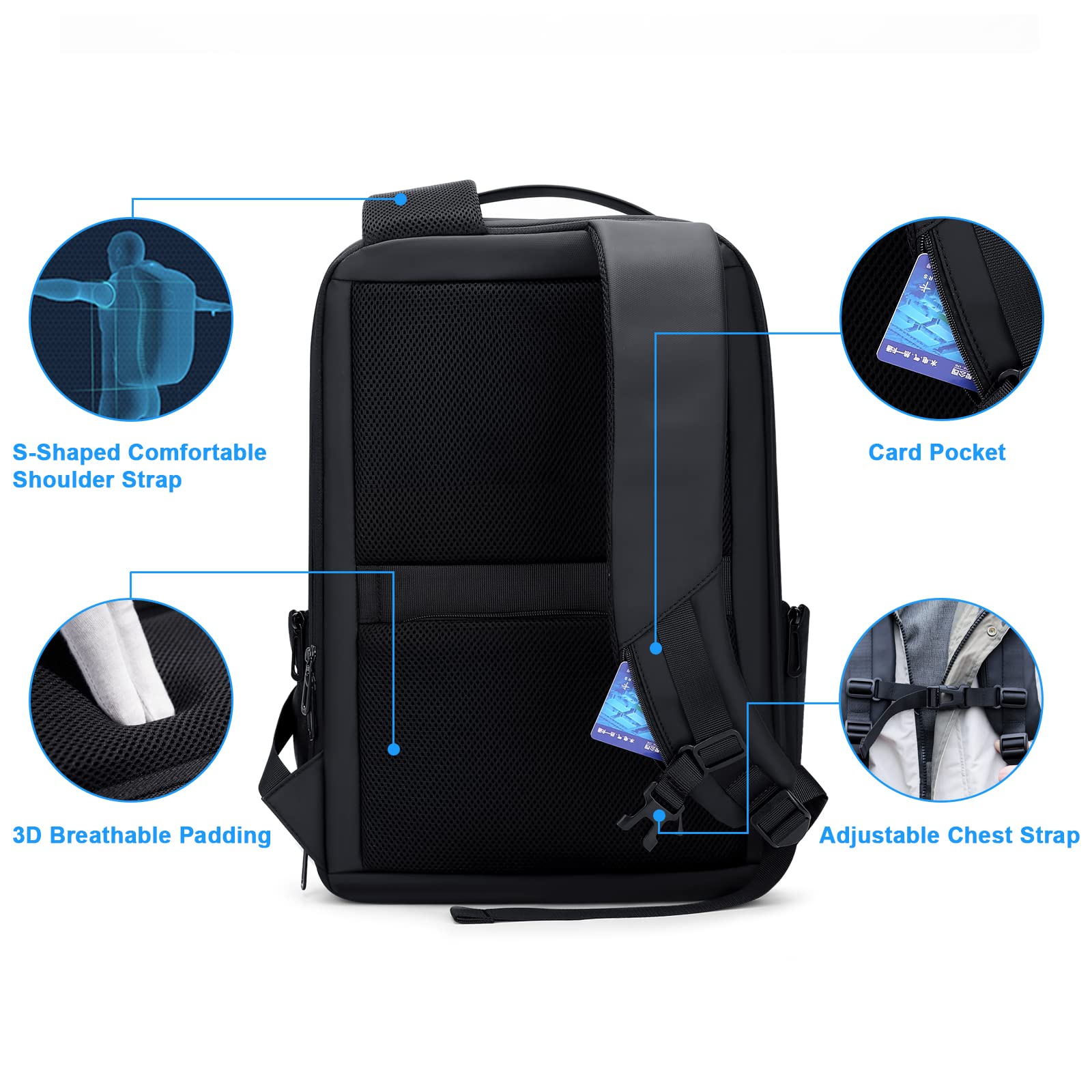 FENRUIEN Business Laptop Backpack 15.6 Inch, Expandable Slim Backpack for Men with USB Port, Water Resistant Computer Bag for Travel/College/Work, Black