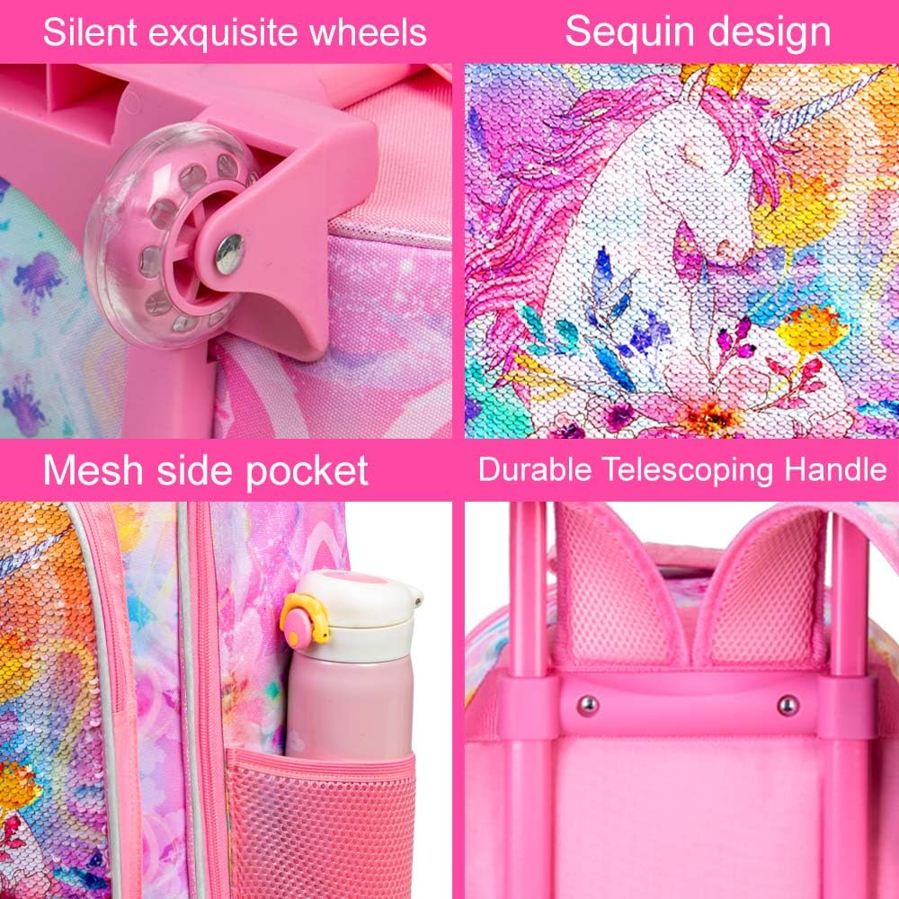 4PCS Rolling Backpack for Girls,Kids Unicorn Bookbag with Roller Wheels, Suitcase School Bag Set for Toddler Elementary