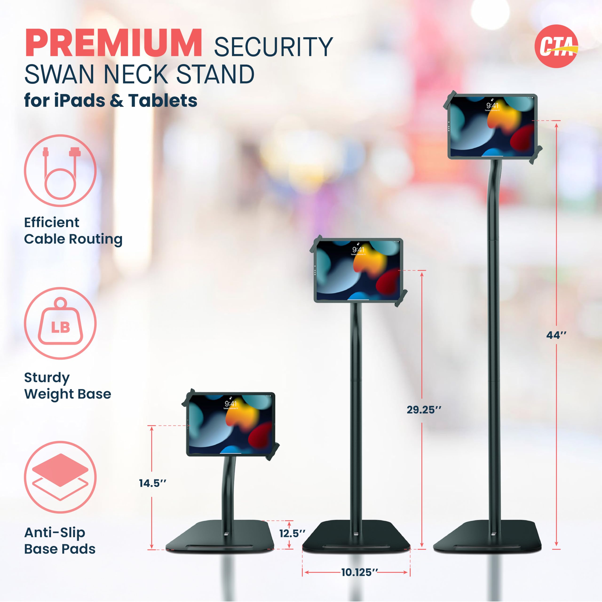 Kiosk Stand Neck - CTA Premium Height-Adjustable Floor-to-Desk Security Kiosk Stand Neck for iPad 7th/ 8th/ 9th Gen 10.2", iPad Pro 12.9", Surface Pro 4, Galaxy Tab S3, & 7-14" Tablets (PAD-PARASW)