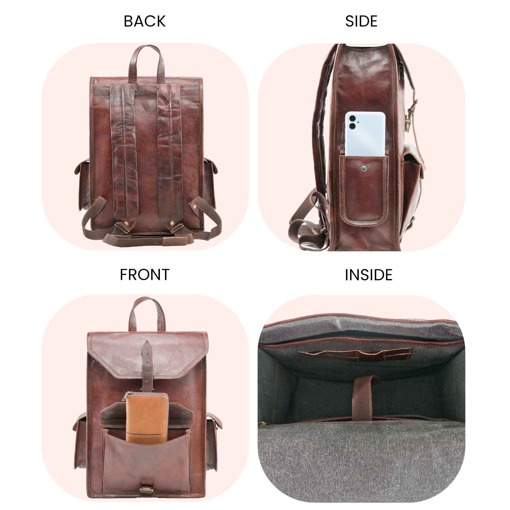 Handmade World Vintage Full Grain 16 Inch Leather Laptop Backpack Casual Bookbag Daypack Camping Travel Rucksack Knapsack For Men Women