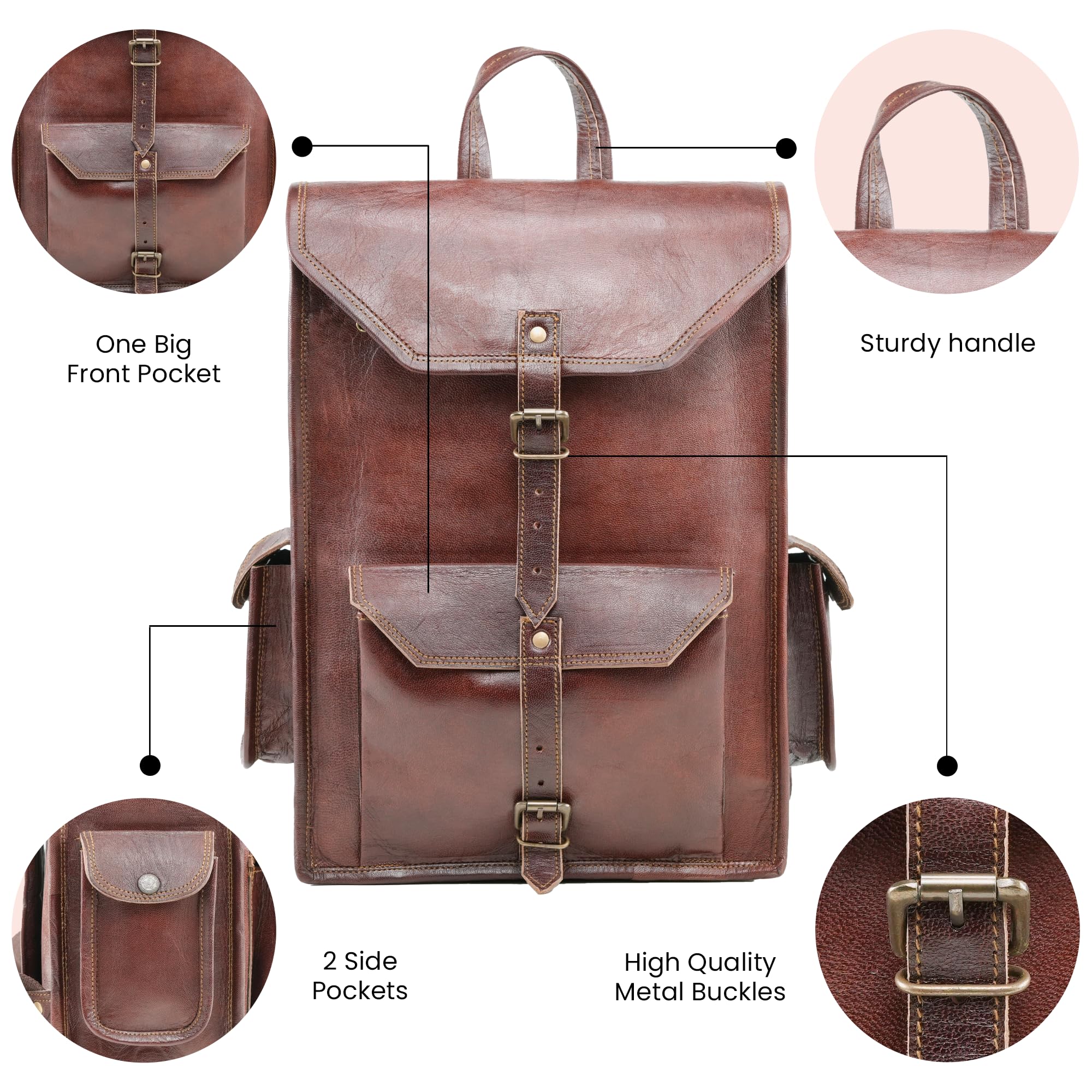 Handmade World Vintage Full Grain 16 Inch Leather Laptop Backpack Casual Bookbag Daypack Camping Travel Rucksack Knapsack For Men Women