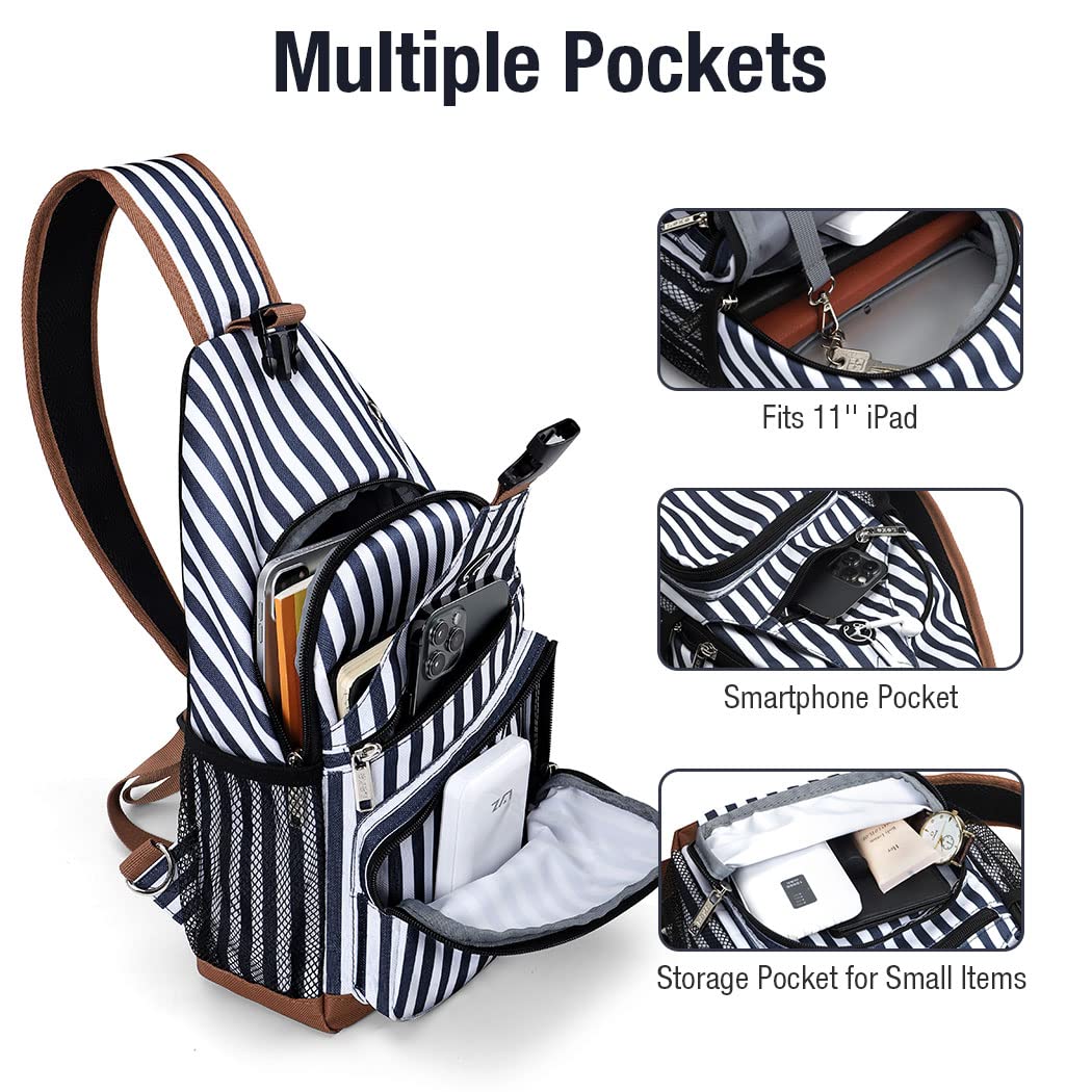 Lekebobor Sling Bag Crossbody Sling Backpack Travel Hiking Chest Bag Daypack,Blue Striped Large.