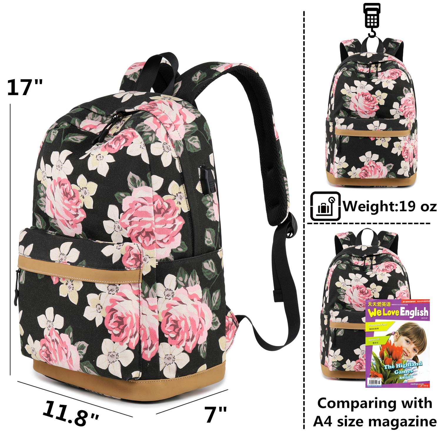 Canvas School Backpack Teens Backpack School Bag Backpack for School Book Bag set (Floral-black)
