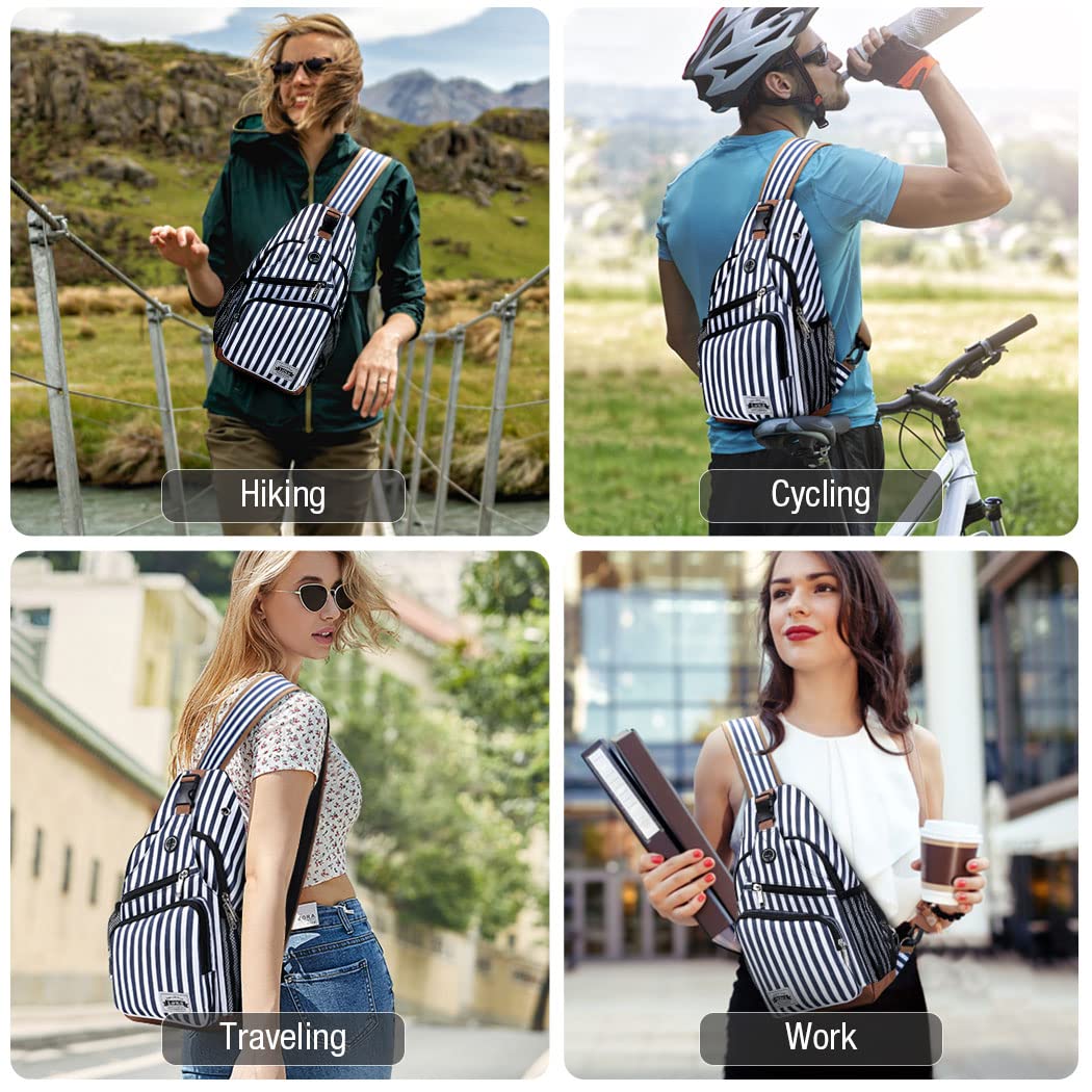Lekebobor Sling Bag Crossbody Sling Backpack Travel Hiking Chest Bag Daypack,Blue Striped Large.