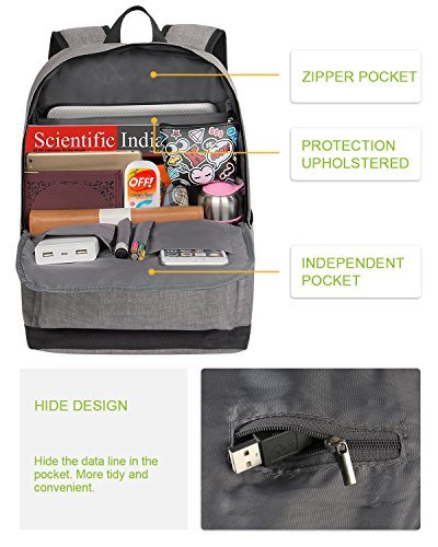 Kids School Backpack, Classic Basic Kids Backpacks 15.6 inch Laptop Bookbag with USB Charging Port Lightweight Casual Daypack Water Resistant Travel Bookbag Student Backpack for Teens Boys Girls, Grey