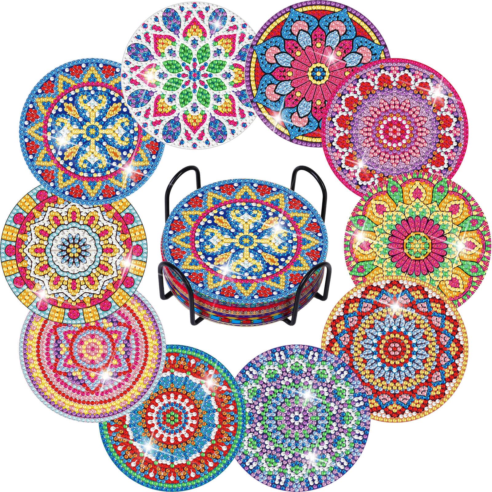 Billbotk Diamond Painting Art Coasters Kits, 10 Pieces Mandala Diamond Painting Coasters with Holder, Arts and Crafts for Adults