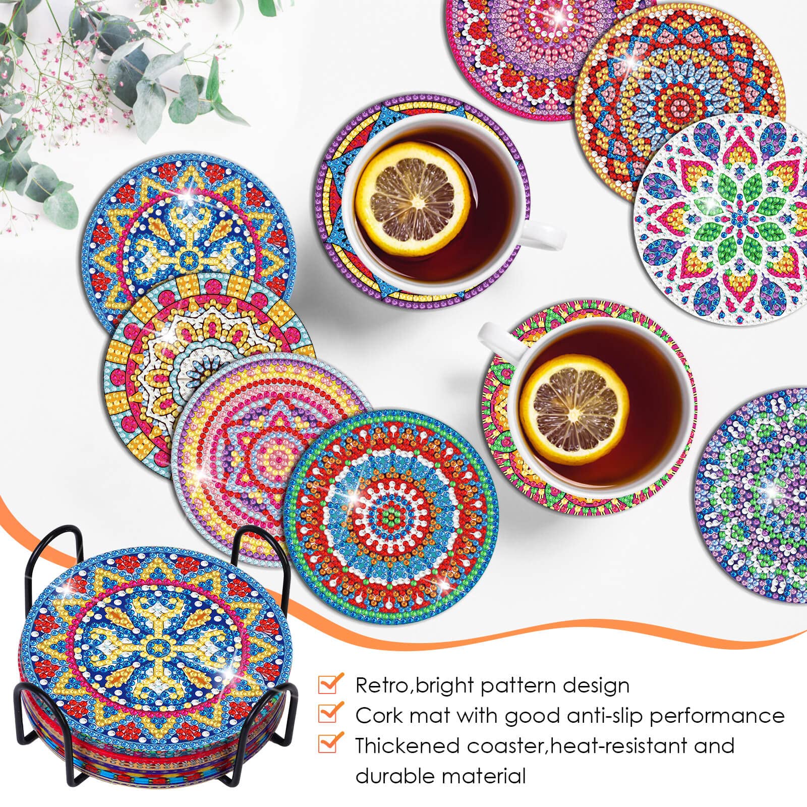 Billbotk Diamond Painting Art Coasters Kits, 10 Pieces Mandala Diamond Painting Coasters with Holder, Arts and Crafts for Adults