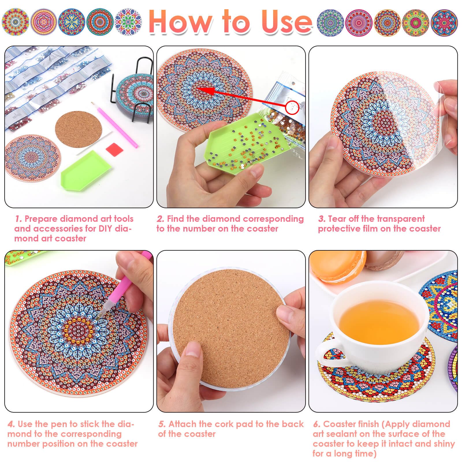 Billbotk Diamond Painting Art Coasters Kits, 10 Pieces Mandala Diamond Painting Coasters with Holder, Arts and Crafts for Adults
