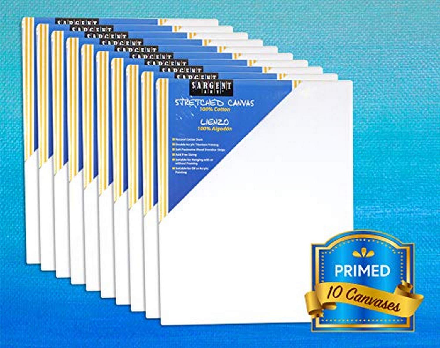 Sargent Art 16 x 20 inch Stretched Canvas, Pack of 10 Pieces, Blank White Canvases, Double Acrylic Titanium Priming, Perfect for Acrylic, Oil, and Art Projects, Acrylic Pouring & Wet Media